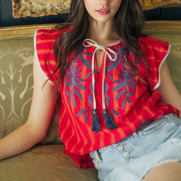 THML | Tops | Last Nwt Thml Red Striped Embroidered Top | Poshmark